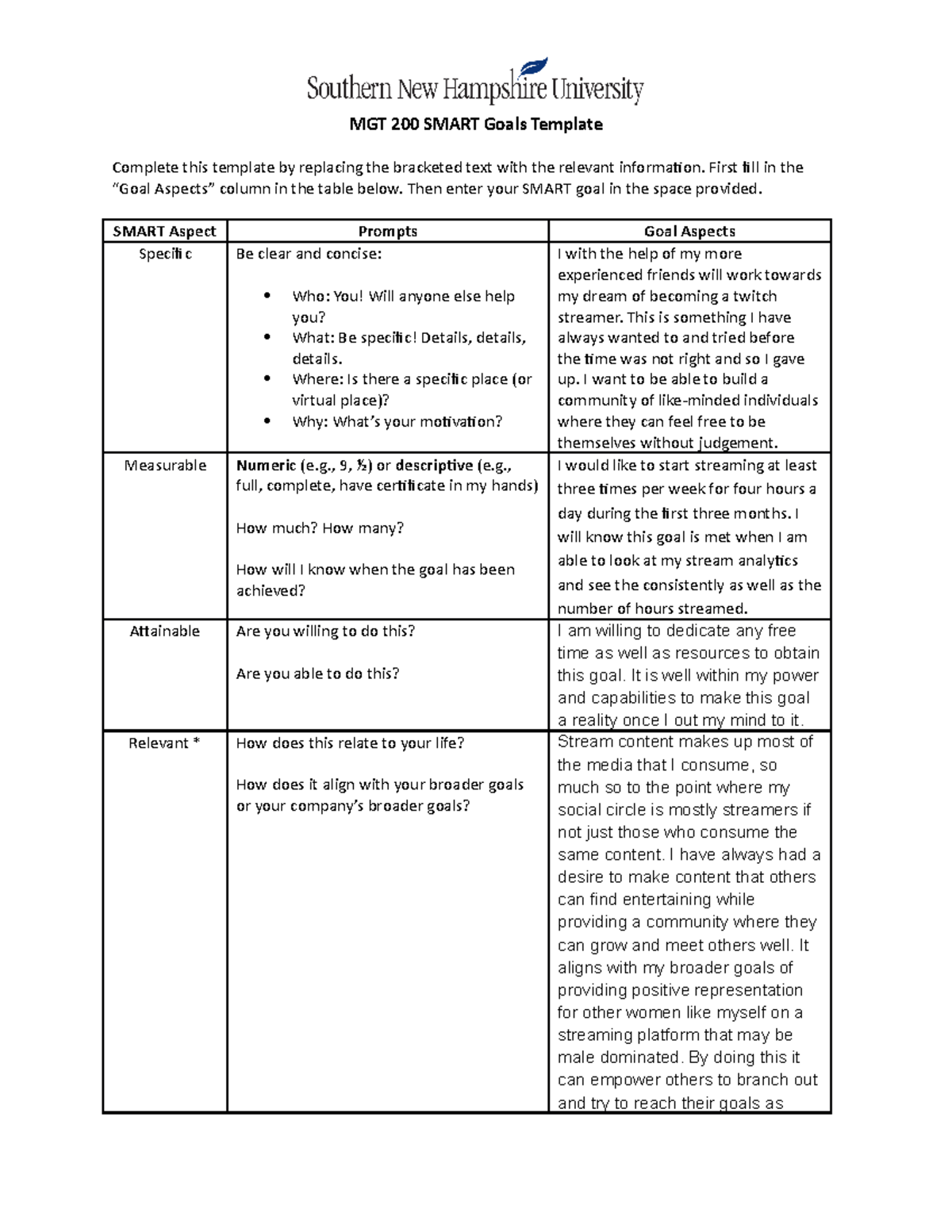 MGT 200 Smart Goals - MGT 200 SMART Goals Template Complete this ...