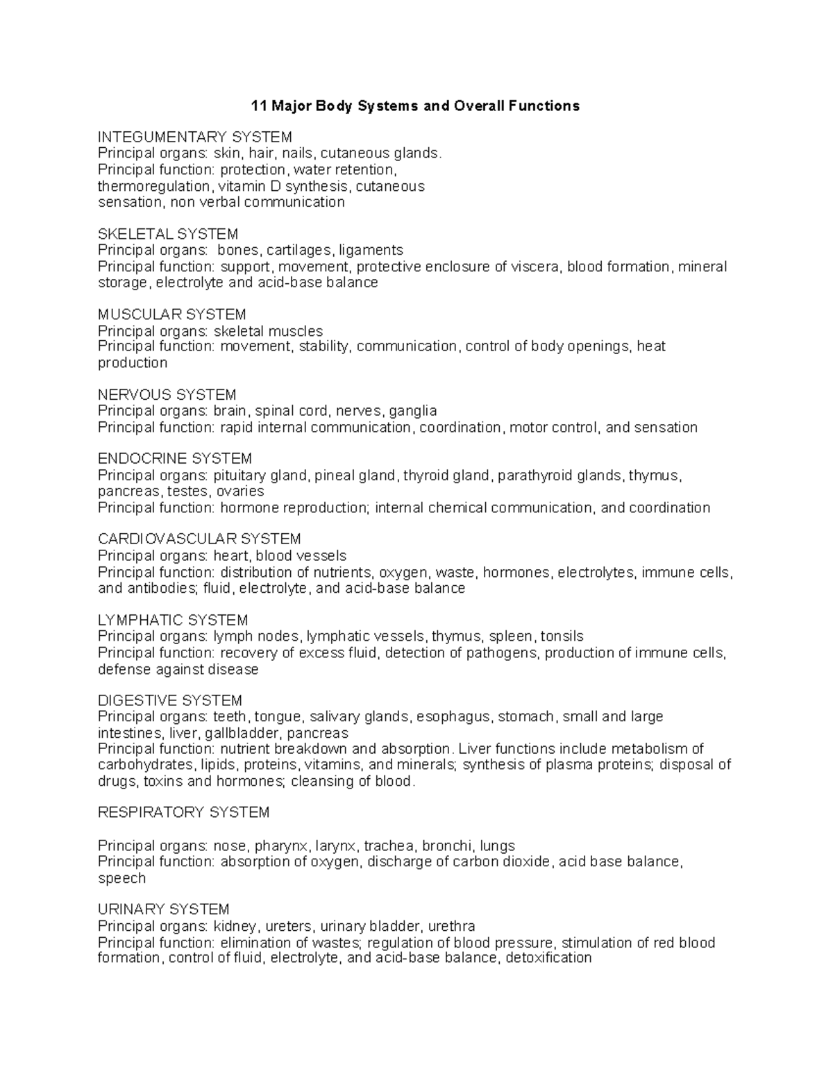 Anatomy notes - 11 Major Body Systems and Overall Functions ...