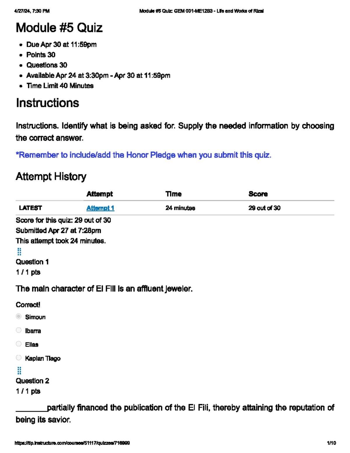 GEM 001 - Life and Works of Rizal - Module #5 Quiz - Studocu