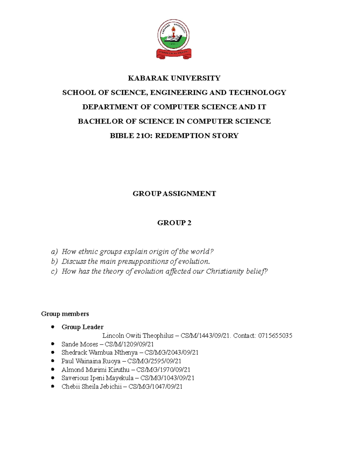 Bible 210 G2 Assignment - KABARAK UNIVERSITY SCHOOL OF SCIENCE ...