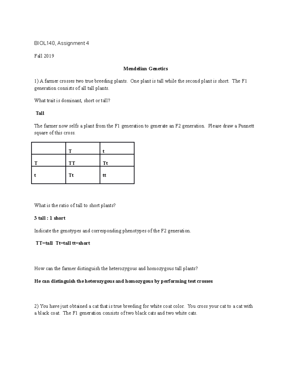BIOL 140 Mendelian Genetics Assignment 1 - BIOL140, Assignment 4 Fall ...