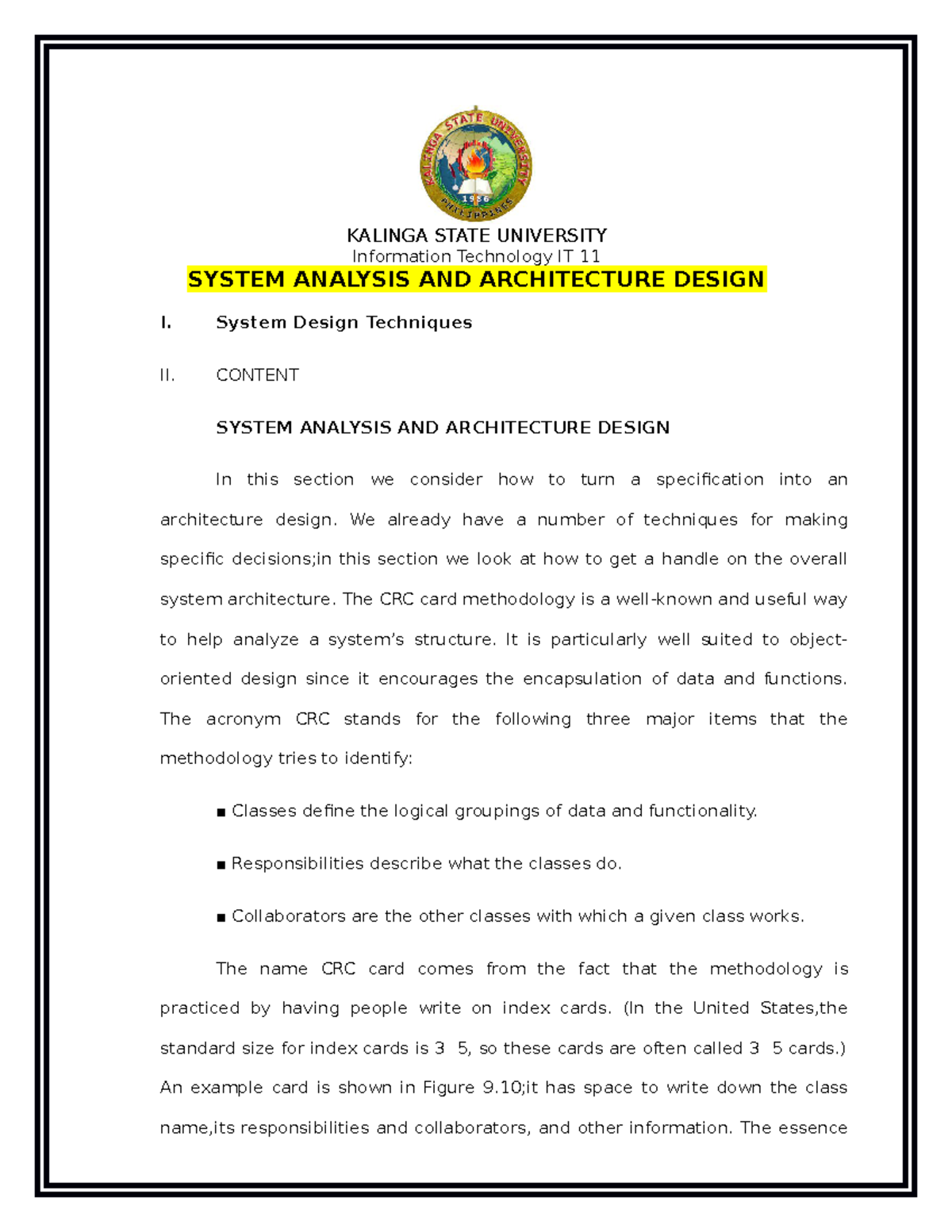 System Analysis AND Architecture Design - KALINGA STATE UNIVERSITY ...