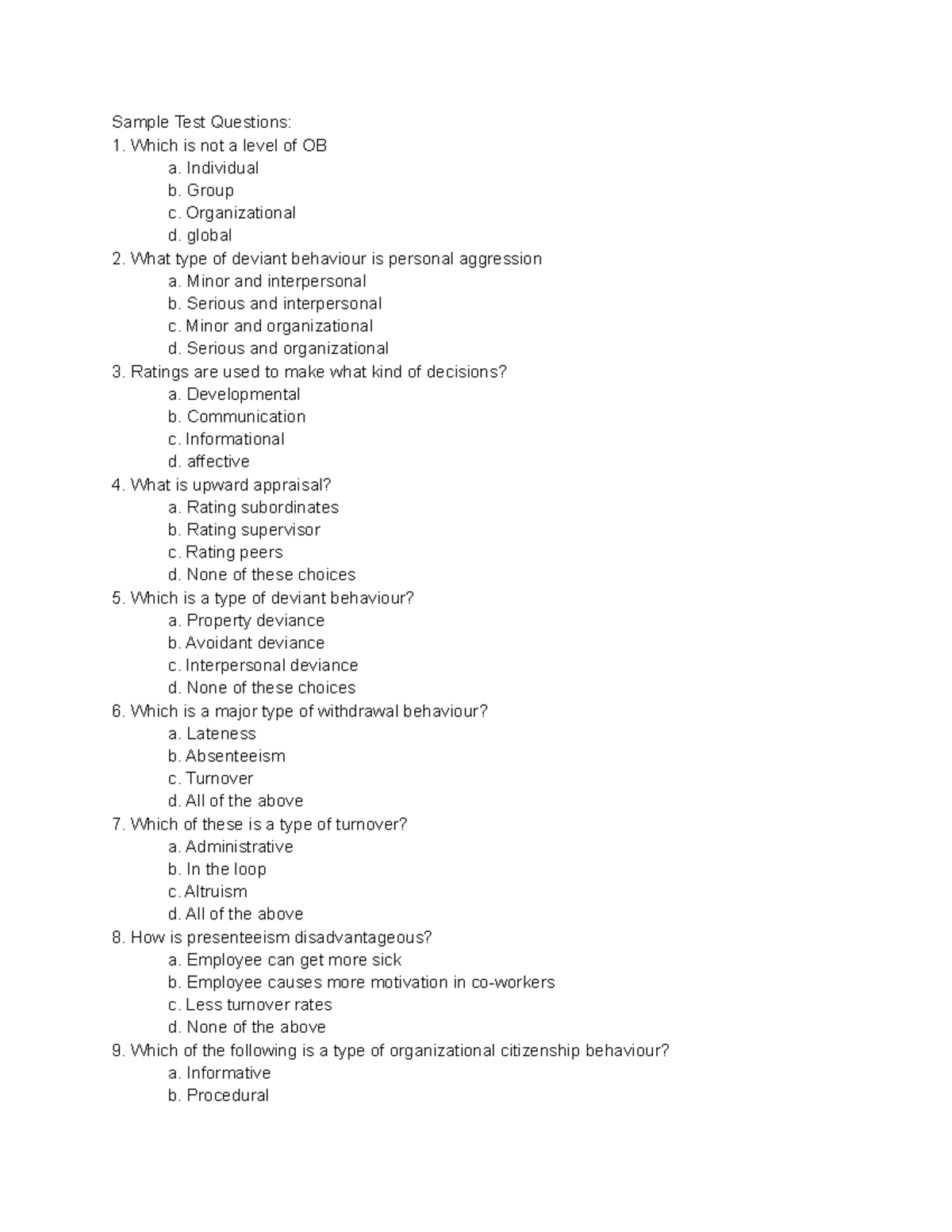OB Test Questions - organizational behaviour - Sample Test Questions ...