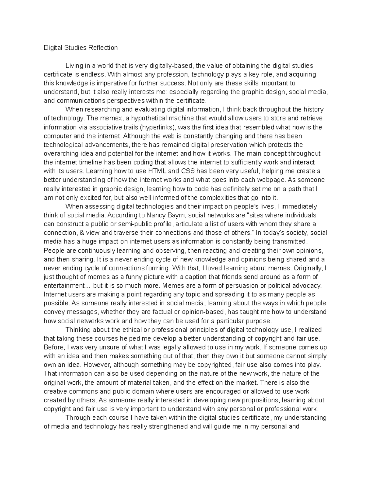 Reflection Essay - Grade: A - Digital Studies Reflection Living in a ...