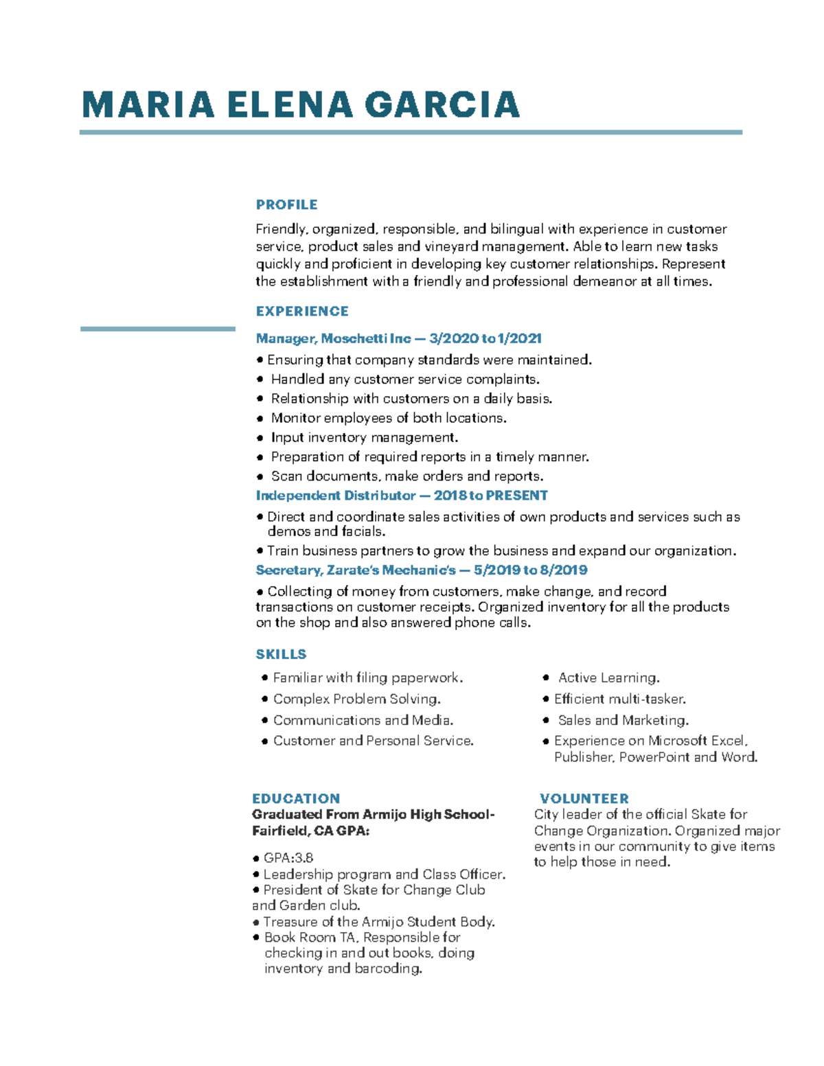Resume Maria Elena Garcia - PROFILE Friendly, organized, responsible ...
