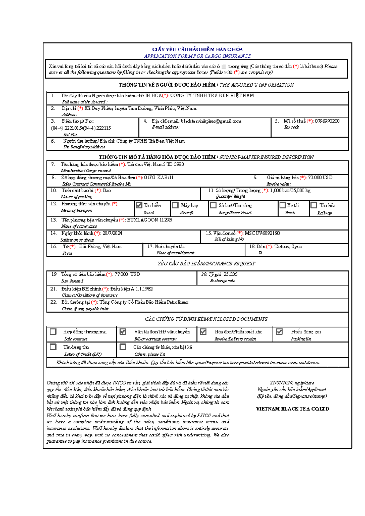Bộ chứng từ - GIẤY YÊU CẦU BẢO HIỂM HÀNG HÓA APPLICATION FORM FOR CARGO ...