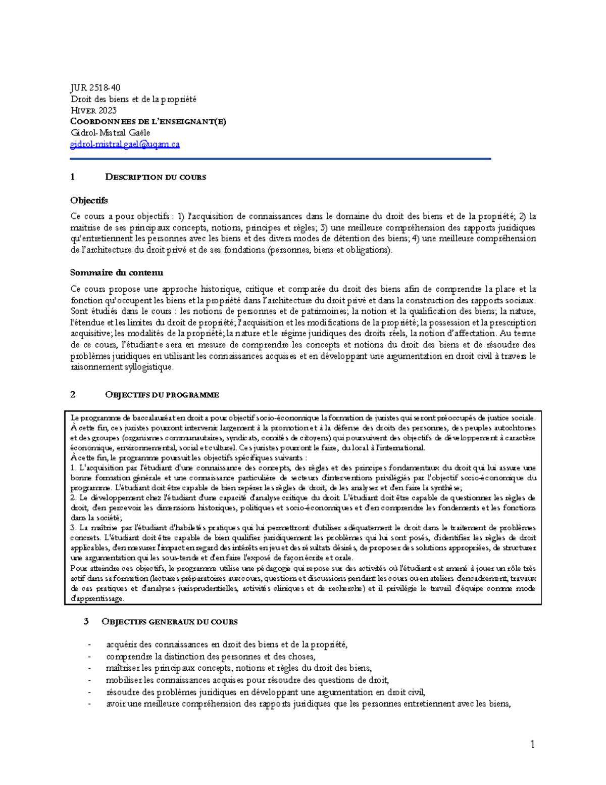Plan de cours JUR2518-H23 - JUR 2518- Droit des biens et de la ...