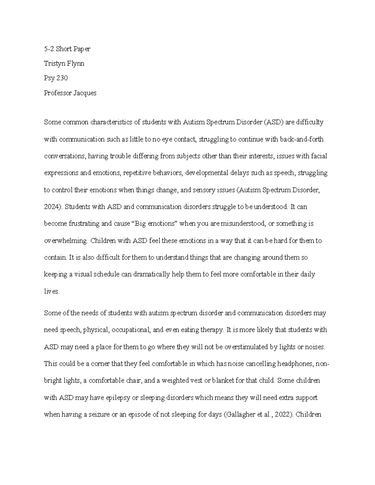5-2 Short Paper - 5-2 Short Paper Tristyn Flynn Psy 230 Professor ...