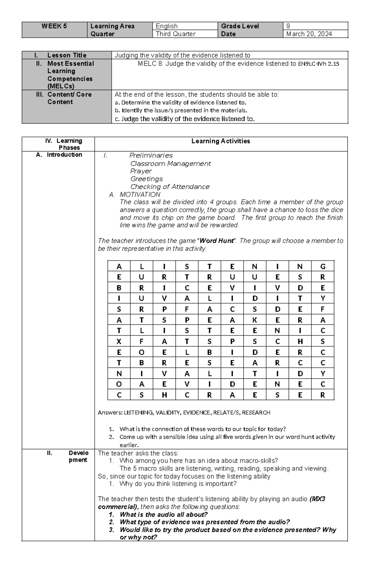 English 9 CO 3 (final) - Lesson Plan about Judge the Validity of ...