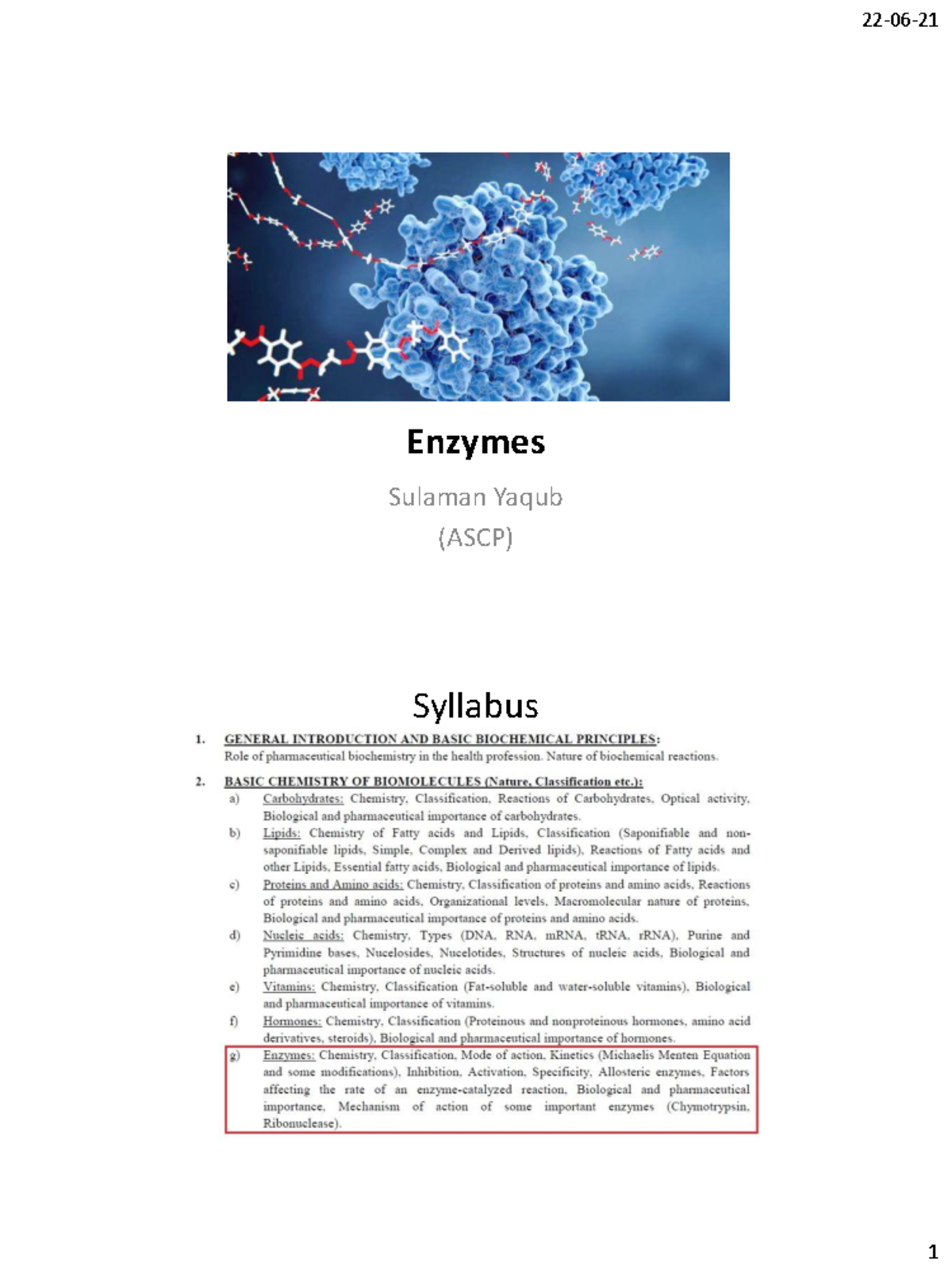 Enzymes - Study reference material - Enzymes Sulaman Yaqub (ASCP ...