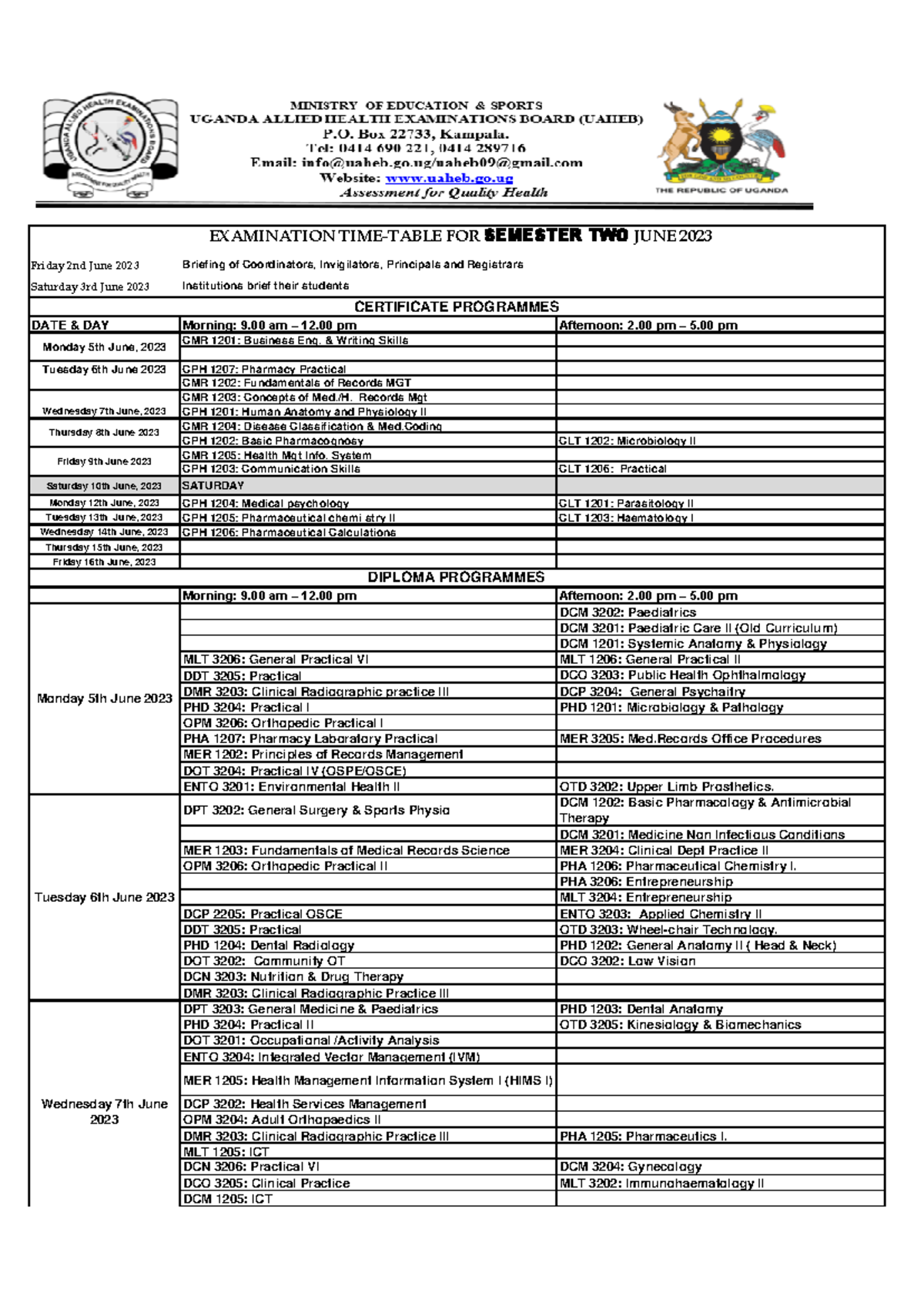Uaheb Examination Timetable FOR Semester TWO JUNE 2023 - Friday 2nd ...