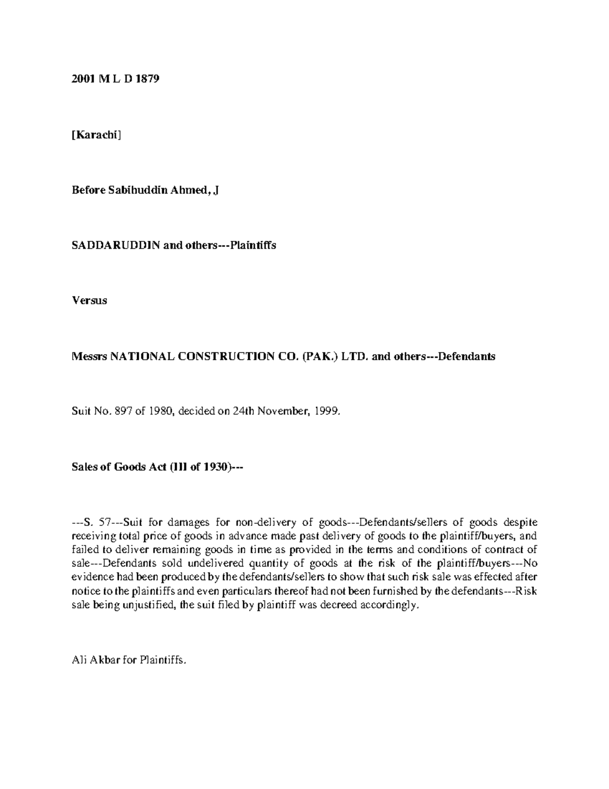 2001 M L D 1879 shiqo - It's the case law about section 56 of sale of ...