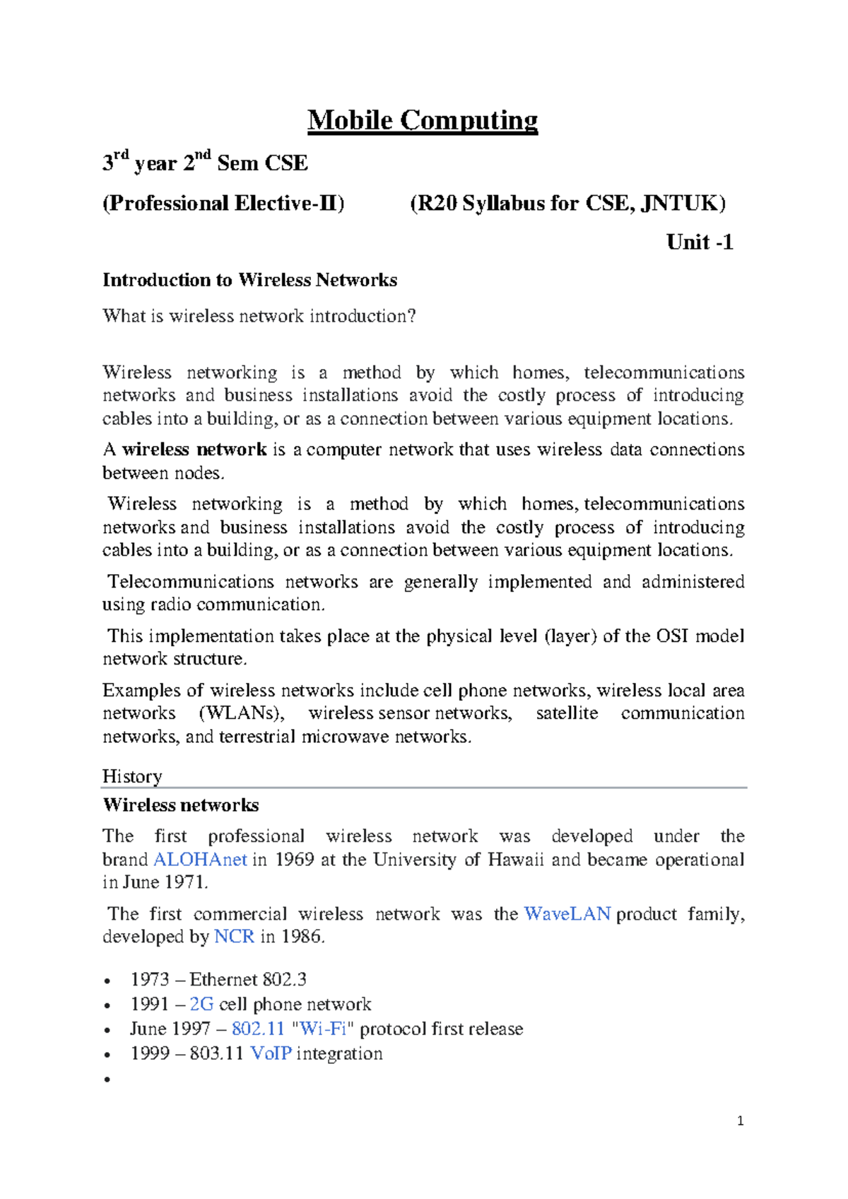 Unit 1 Mobile computing - Mobile Computing 3 rd year 2nd Sem CSE (Professional Elective-II) (R20 ...