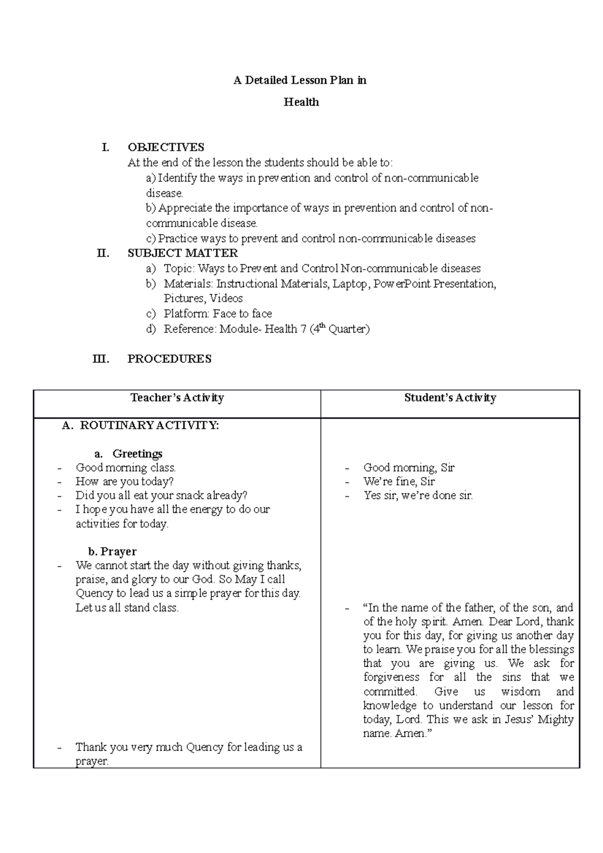 Final Demonstration Teaching - A Detailed Lesson Plan in Health I ...