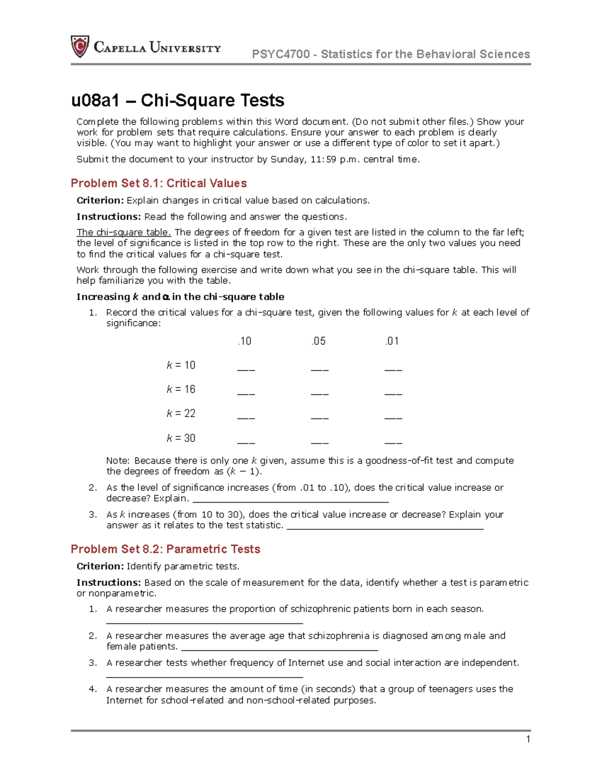 Week 8 Chi Square - WORKSHEET - PSYC4700 - Statistics for the ...