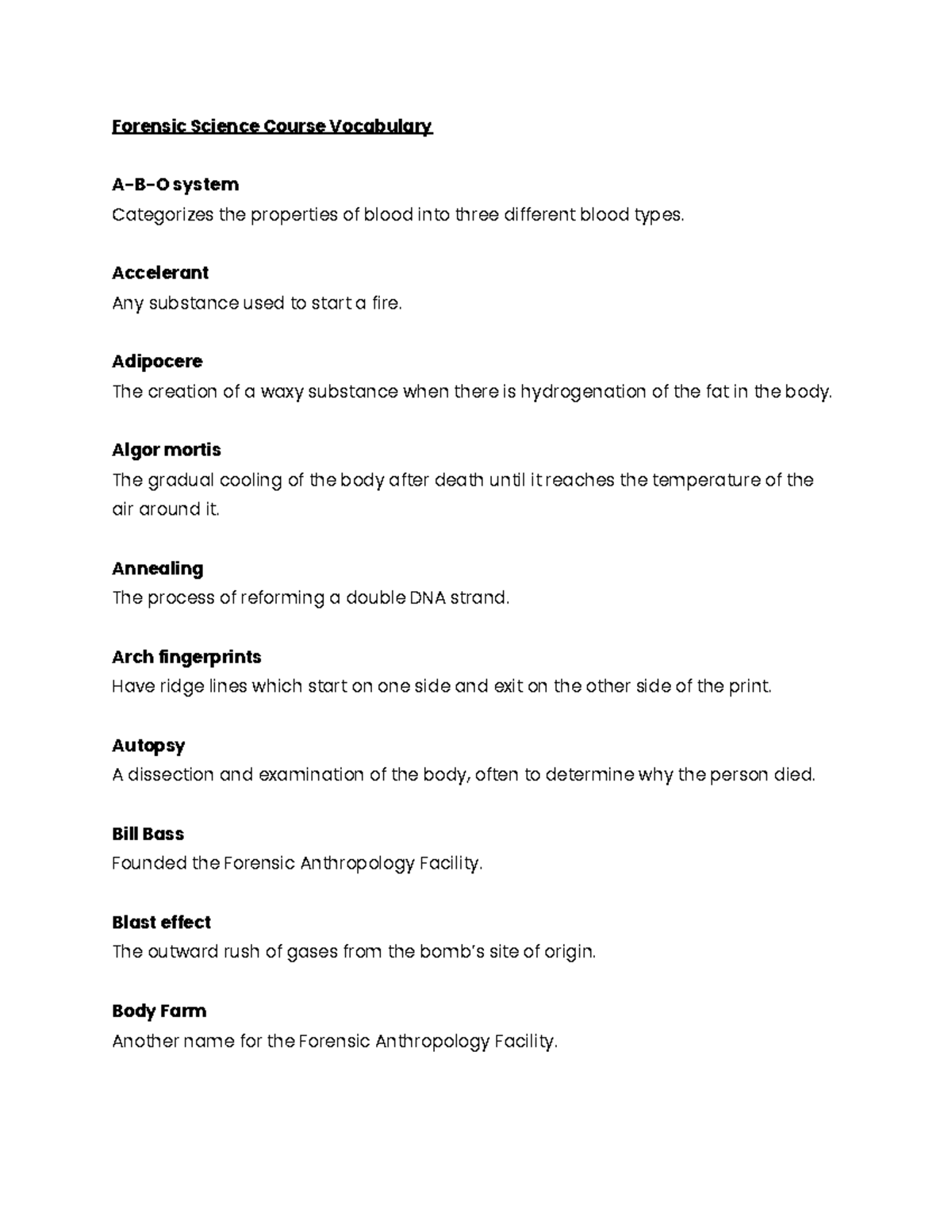 Forensic science vocabulary - Forensic Science Course Vocabulary A-B-O ...