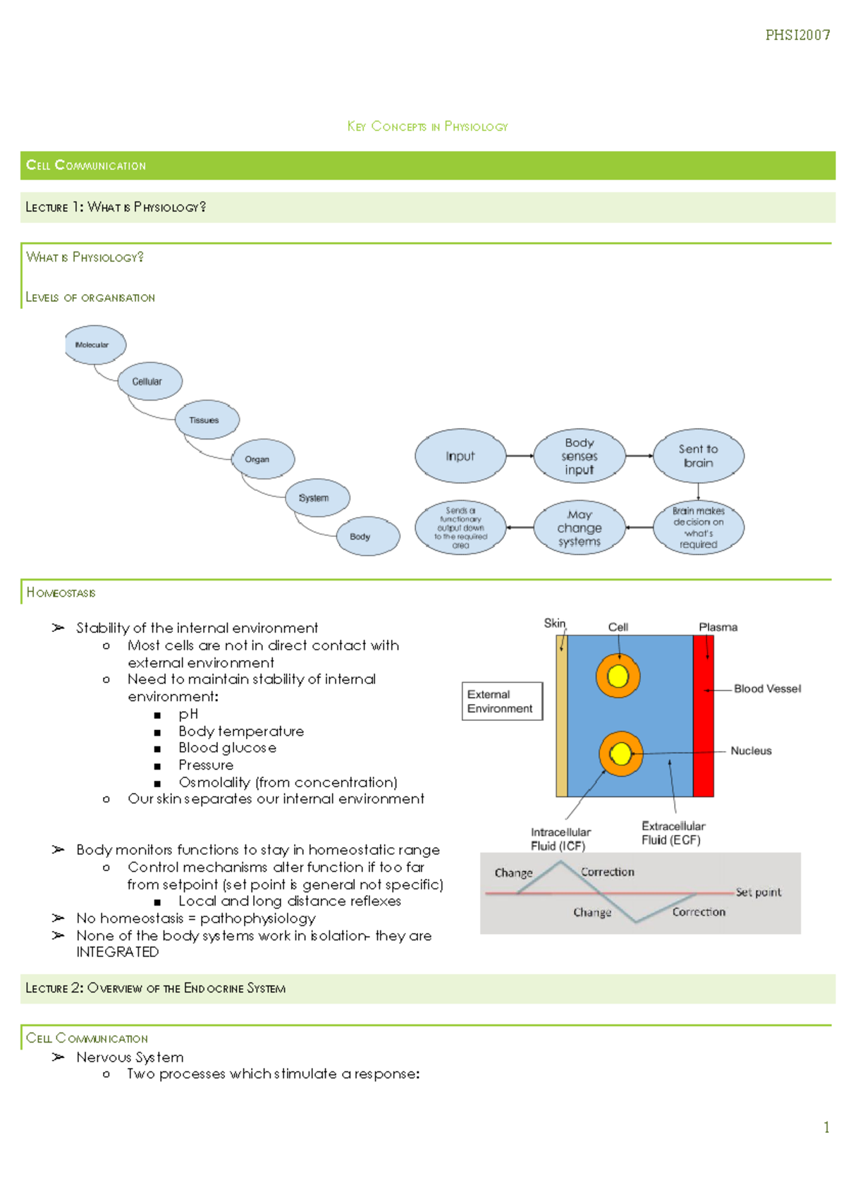 PHSI2007 - Lecture 1 & 2 - K EY C ONCEPTS IN P HYSIOLOGY C ELL C ...