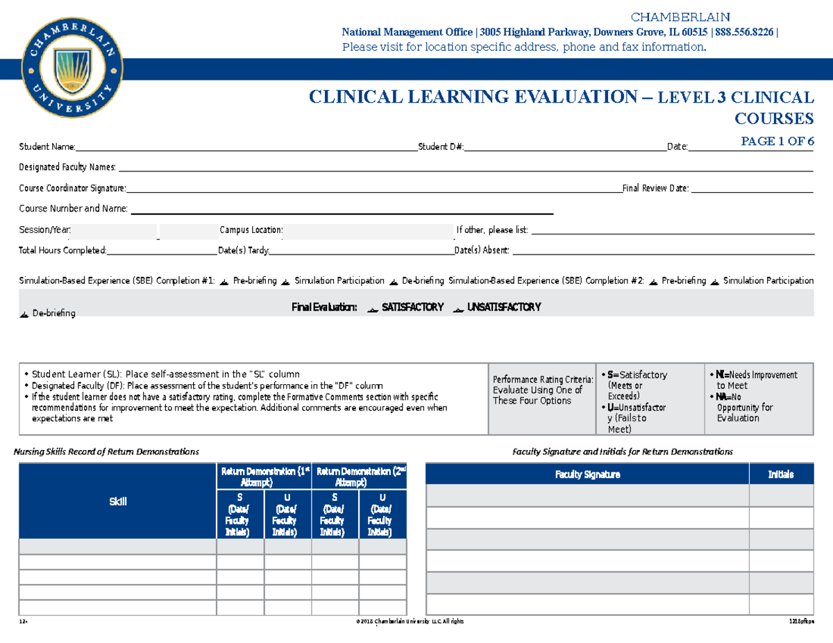 Chamberlain Level 3 Clinical Learning Evaluation - National Management ...