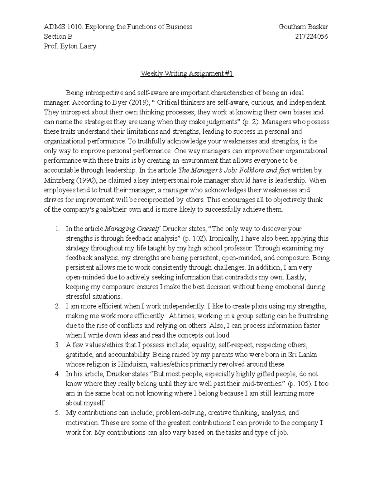 ADMS 1010 Weekly Writing Assignment #1 - ADMS 1010. Exploring the Functions of Business Goutham ...