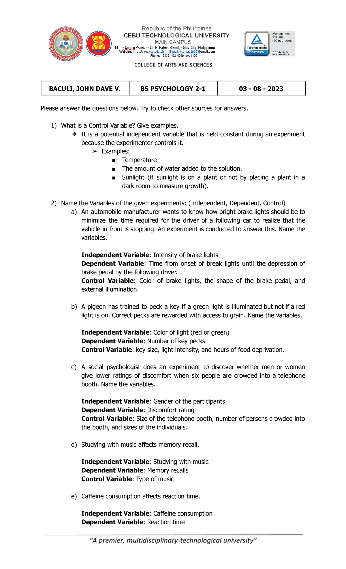 Baculi, John Dave V. - Variables - Experimental Design - BACULI, JOHN ...