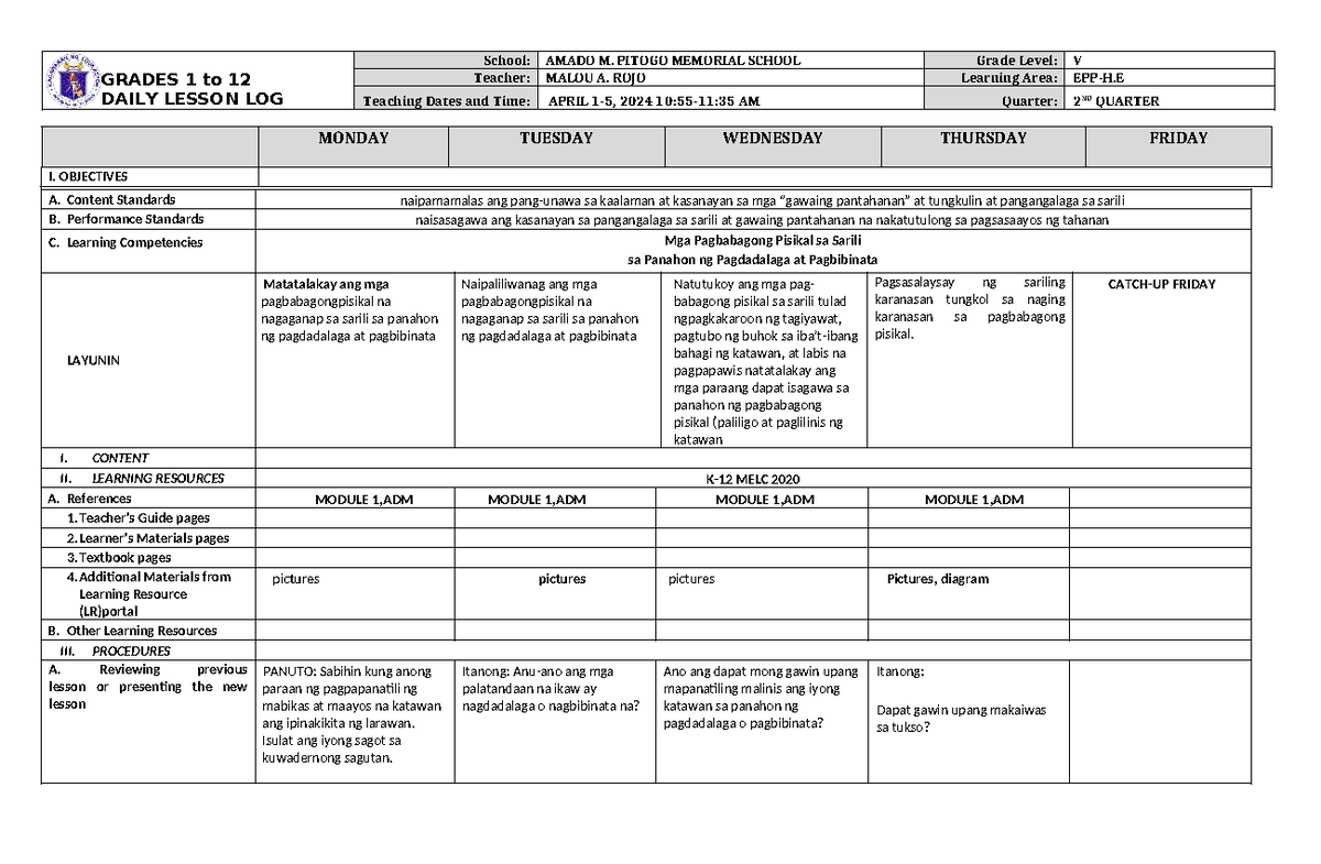 DLL EPP HE 5 Q4 W1 - daily lesson log - GRADES 1 to 12 DAILY LESSON LOG ...