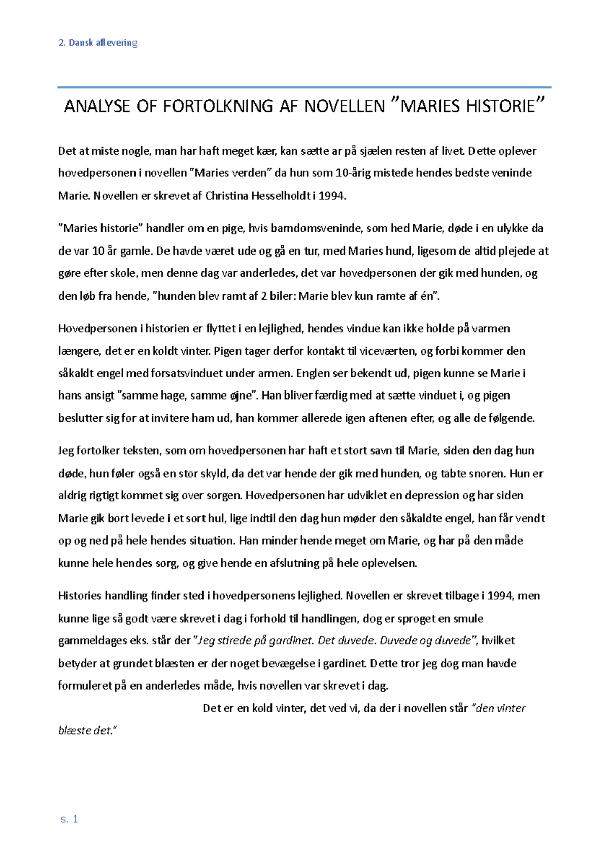 Analyse OF Fortolkning AF Novellen ” Maries Historie” - ANALYSE OF FORTOLKNING AF NOVELLEN ...