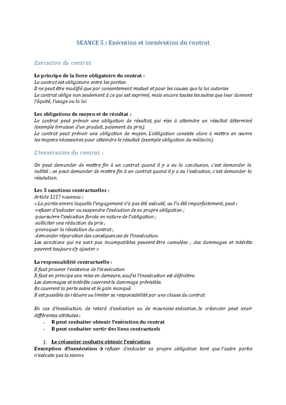 Seance 5 exécution et inexécution des contrats - SEANCE 5 : Exécution ...
