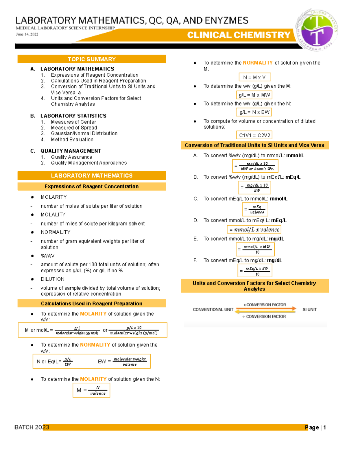 Laboratory Mathematics, QC, QA, and Enzymes - TOPIC SUMMARY A ...