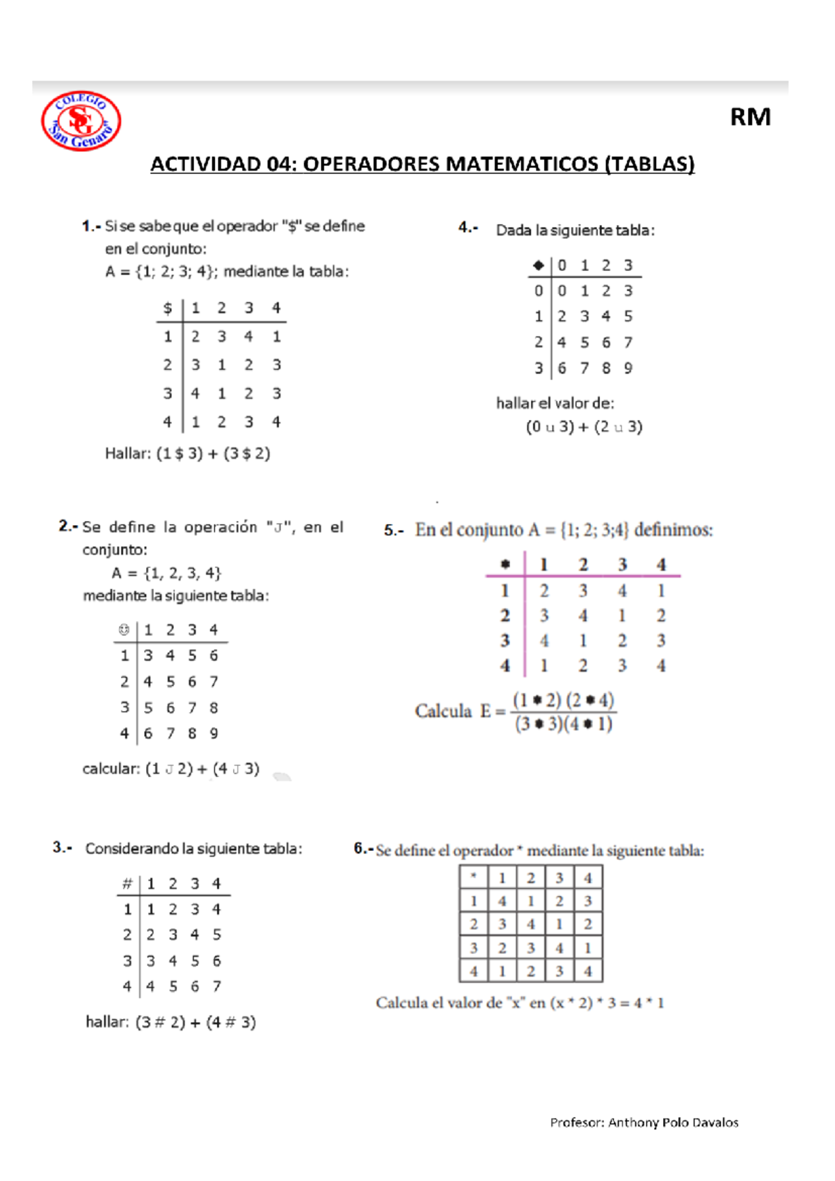 Tarea Operadores Matematicos Tablas 4 - Matemática Basica - Profesor ...