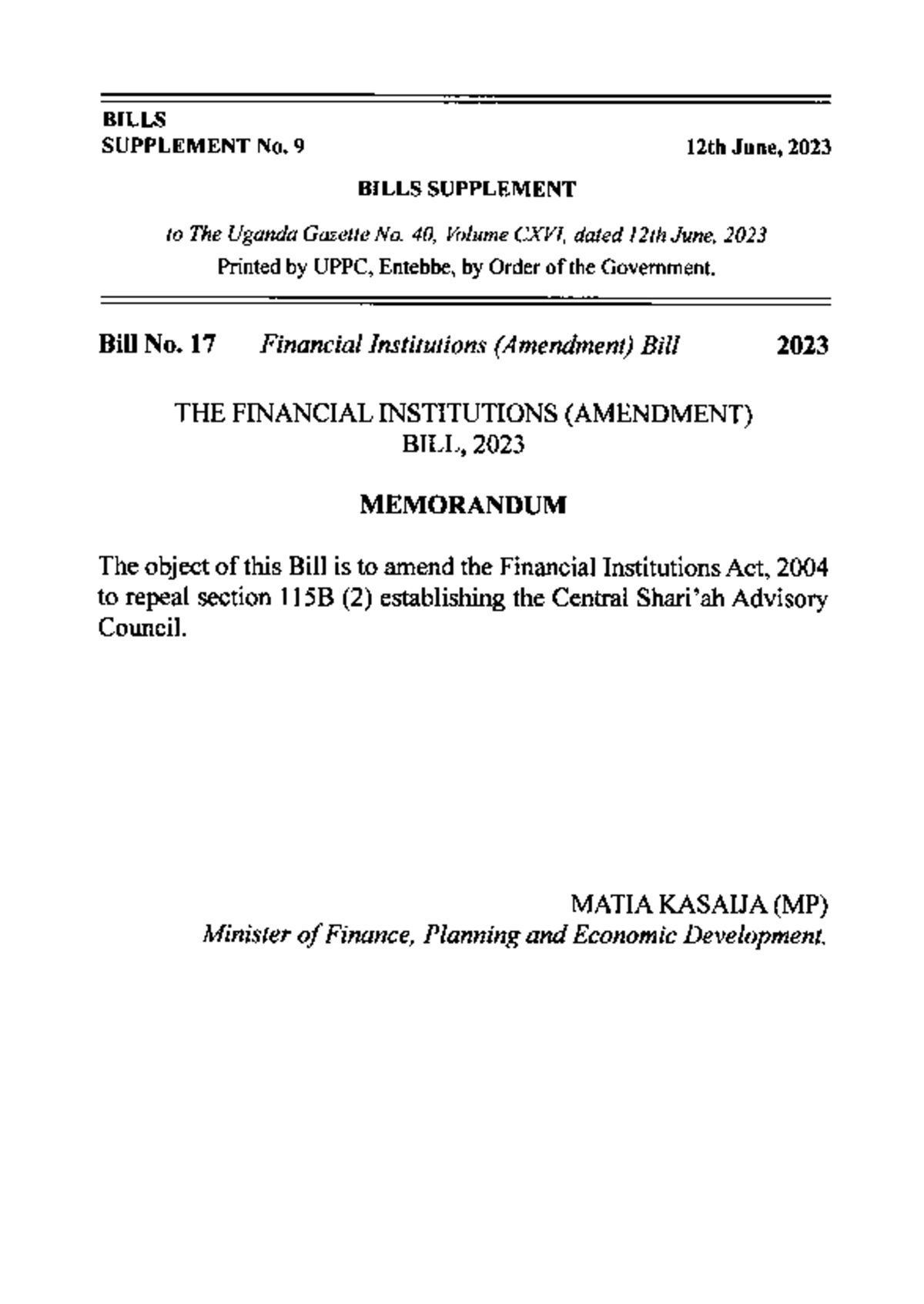 Financial Institutions (Amendment) Bill, 2023 - BILLS SUPPLEMENT No ...