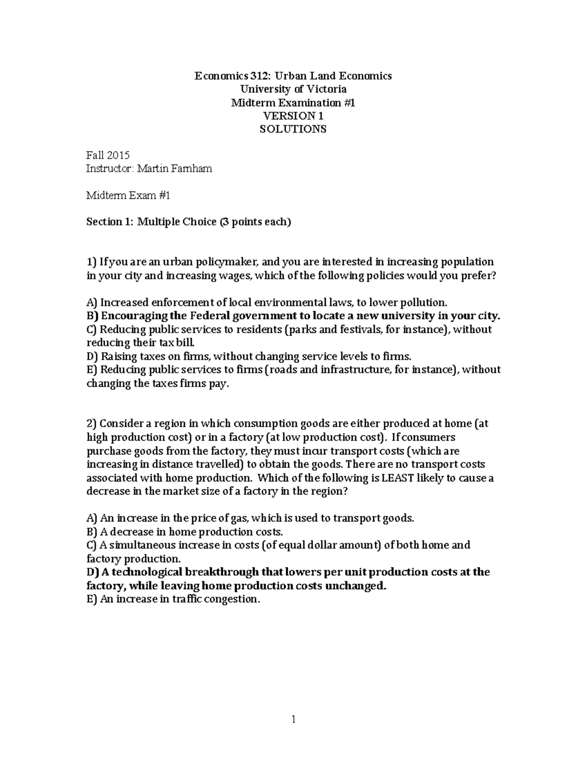 Exam 2015, questions and answers - midterm version 1 - Economics 312: Urban Land Economics - Studocu