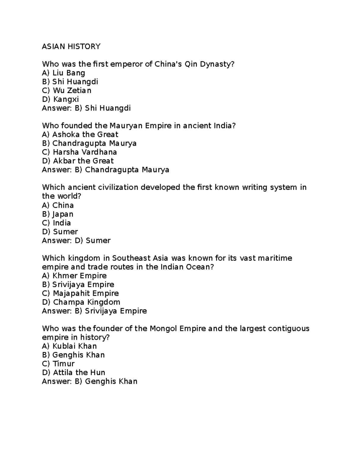 Asian History - QUIZ - ASIAN HISTORY Who was the first emperor of China ...