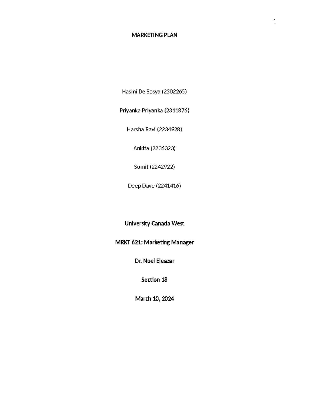 Marketing Plan - Third Draft - MARKETING PLAN Hasini De Sosya (2302265 ...