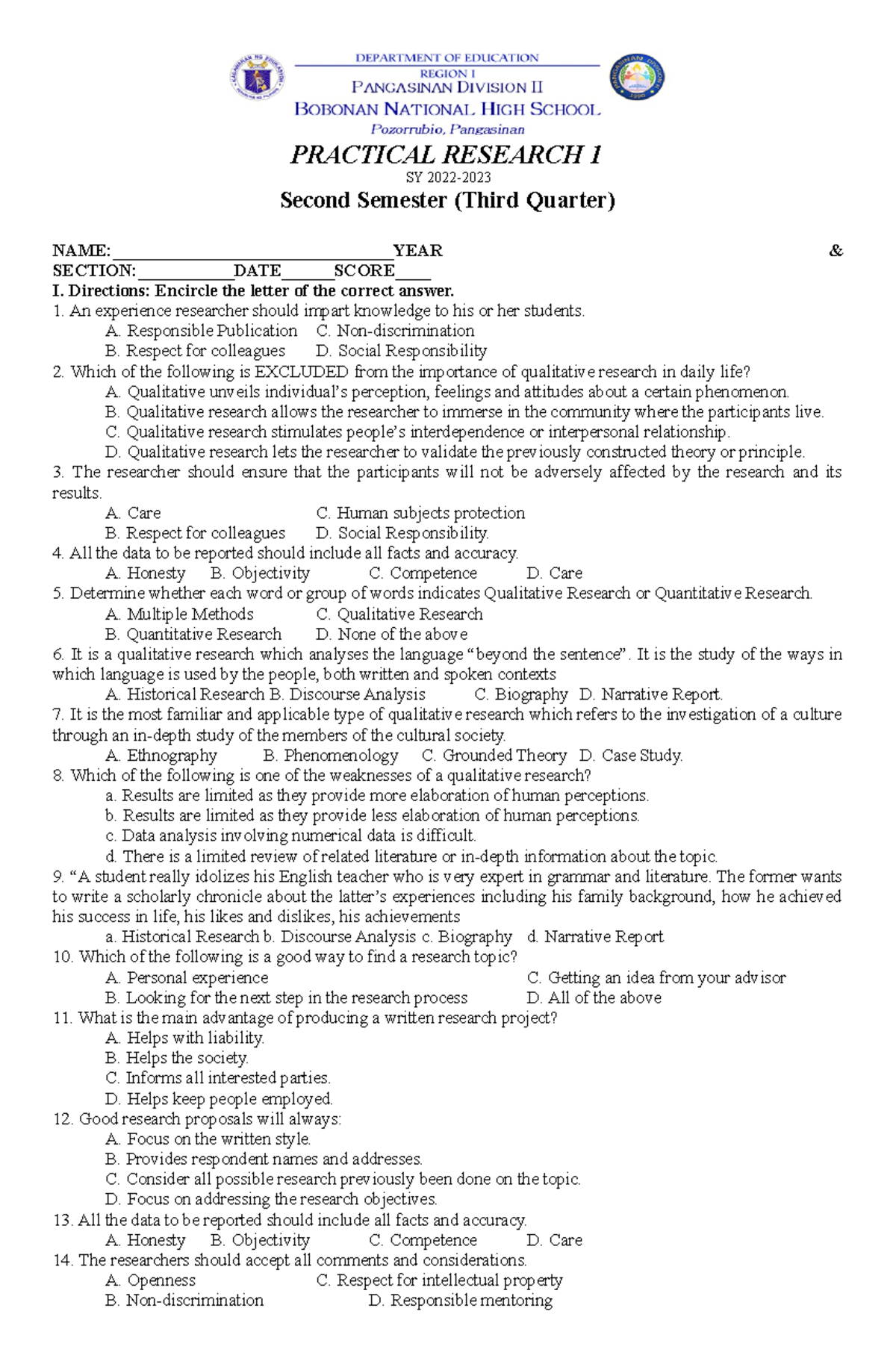 Practical research quarter exam 2022-2023 - PRACTICAL RESEARCH 1 SY ...