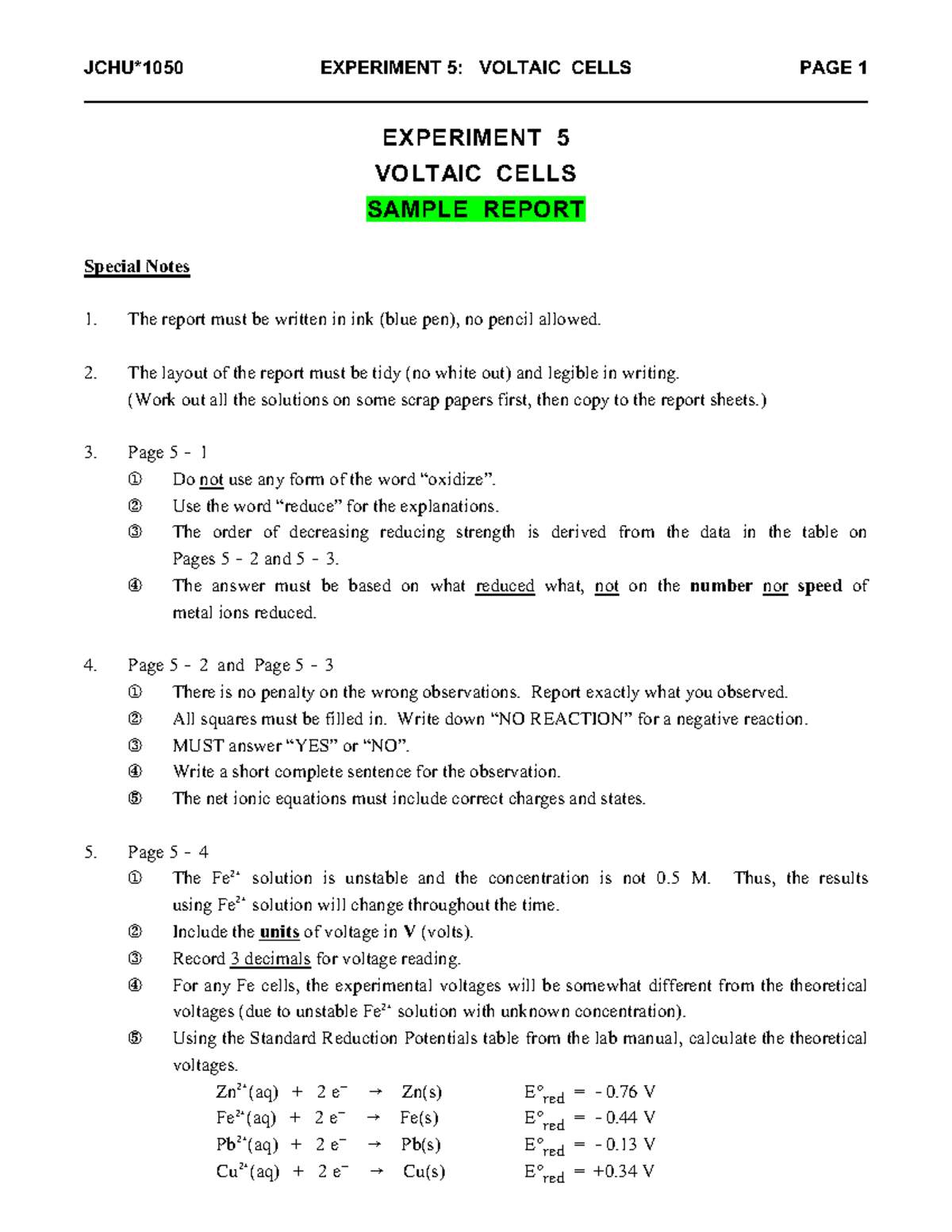 Lab 3 - lab report - EXPERIMENT 5 VOLTAIC CELLS SAMPLE REPORT Special ...