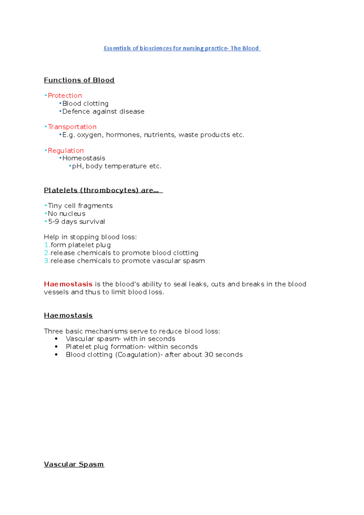 The Blood - Lecture notes 1 - Essentials of biosciences for nursing ...