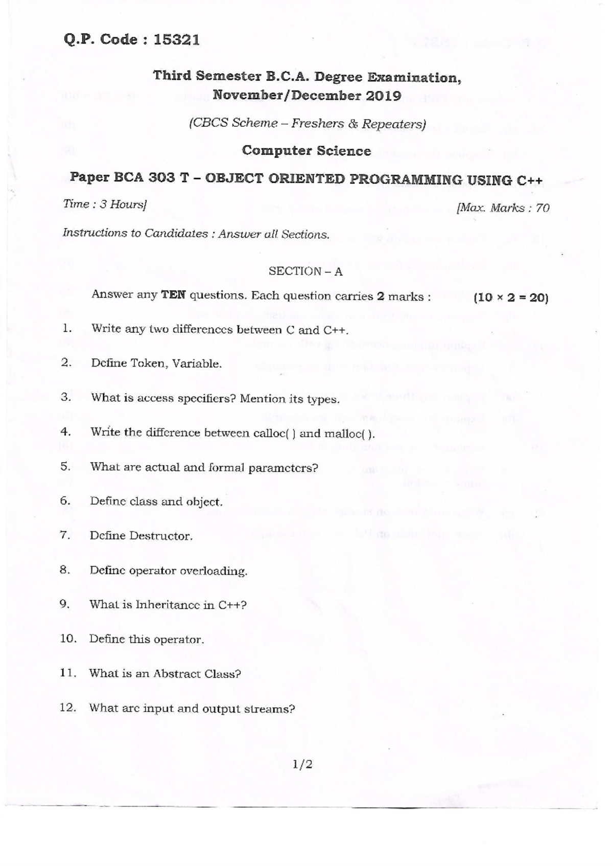 2019 QUESTION PAPER BCA 3RD SEM - Bachelor of computer applications ...