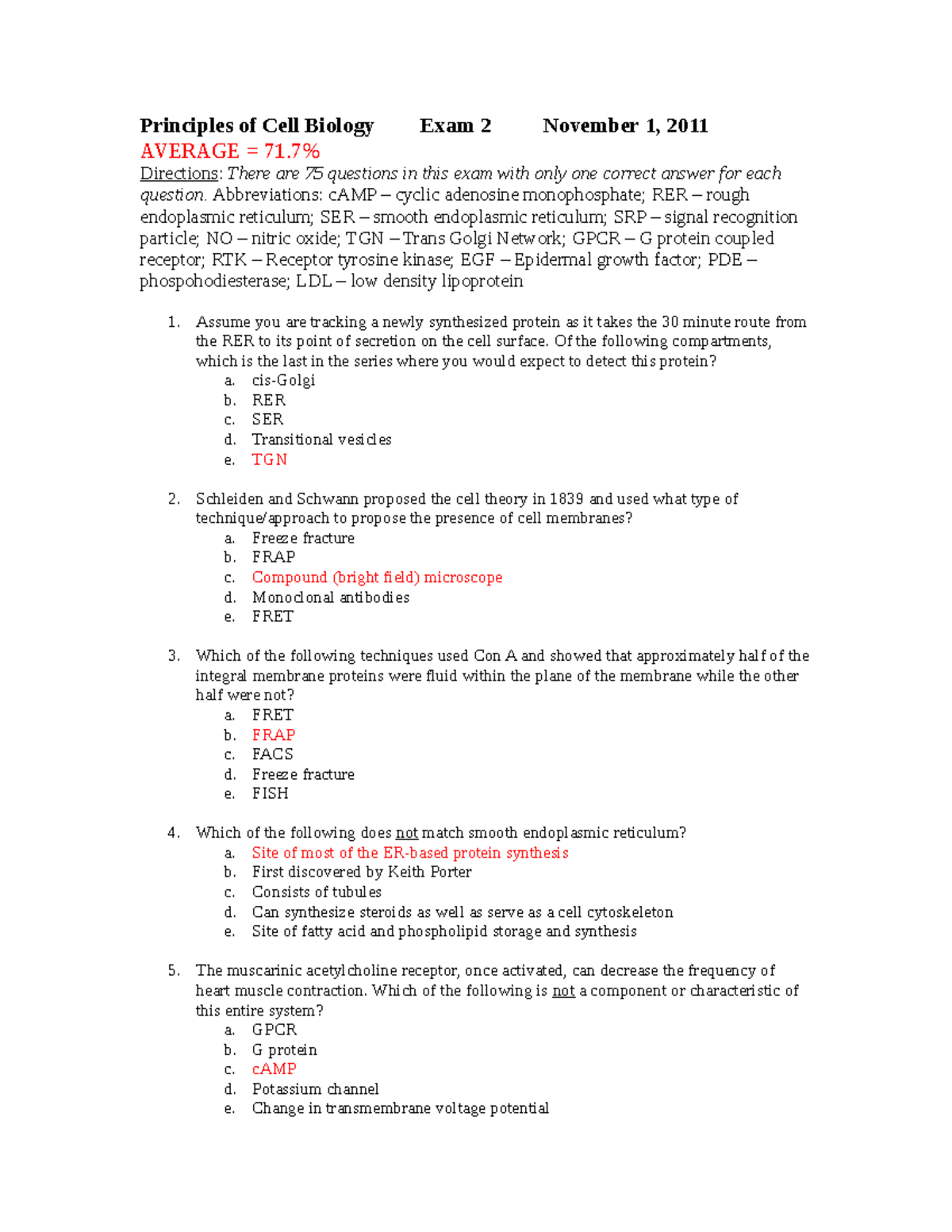 Cell Biology Exam 2 Answers Fall 2011 - Principles of Cell Biology Exam ...