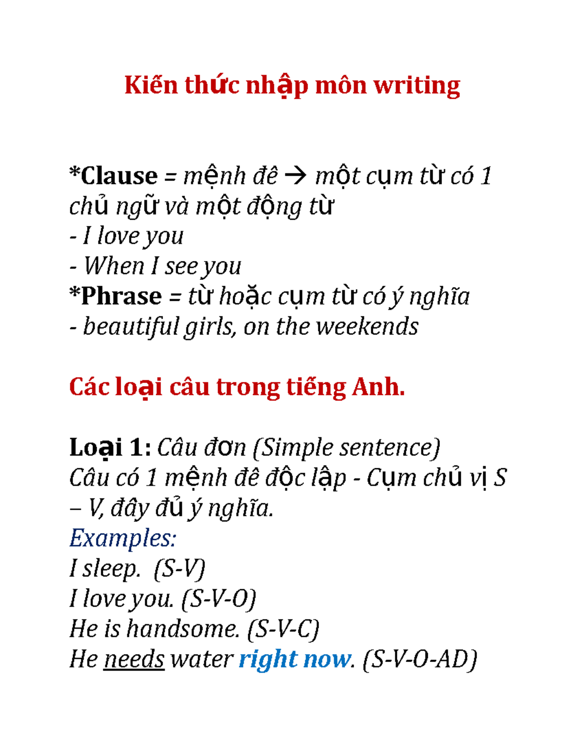 Kiến thức nhập môn writing - Kiếến th ức nh ập môn writing *Clause = m ...