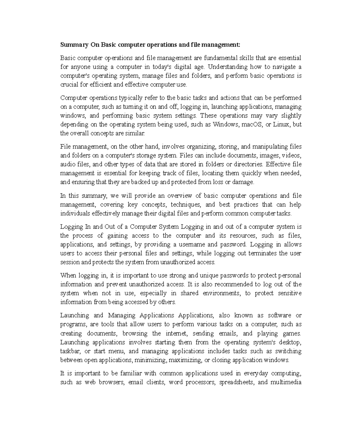 Summary On Basic computer operations and file management ...