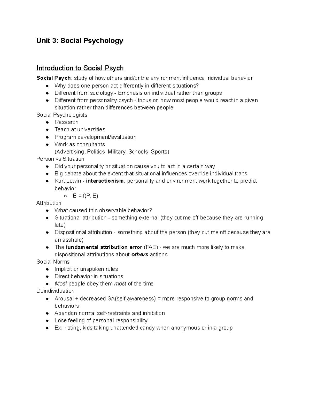 Unit Three Notes - Unit 3: Social Psychology Introduction to Social ...