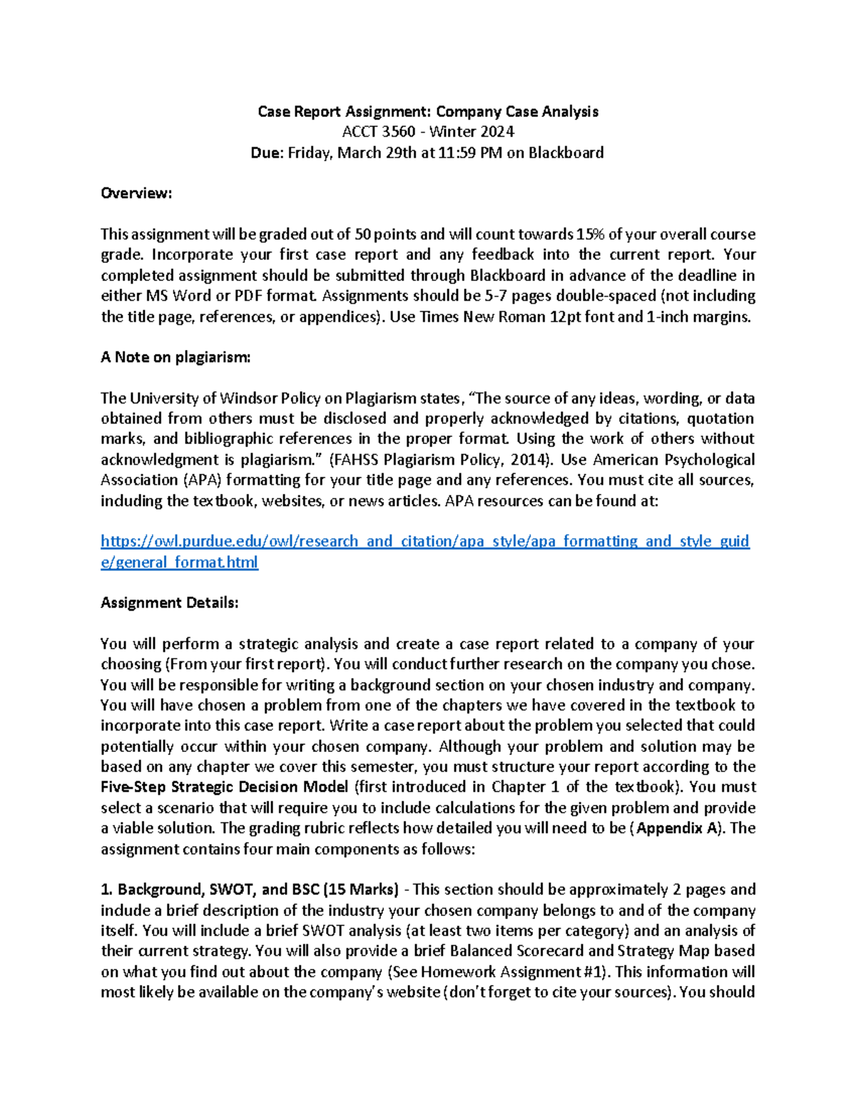 ACCT 3560 - W24 Final Case Report - Case Report Assignment: Company ...