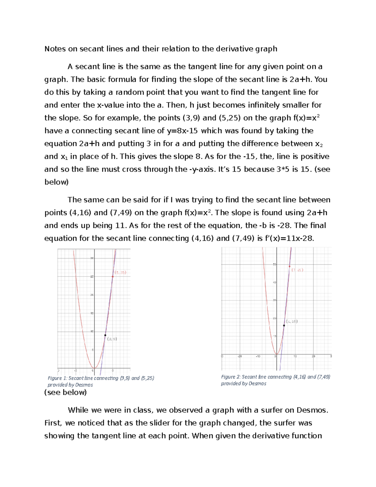 Notebook entry on secant lines in relation to derivative graphs - Notes ...