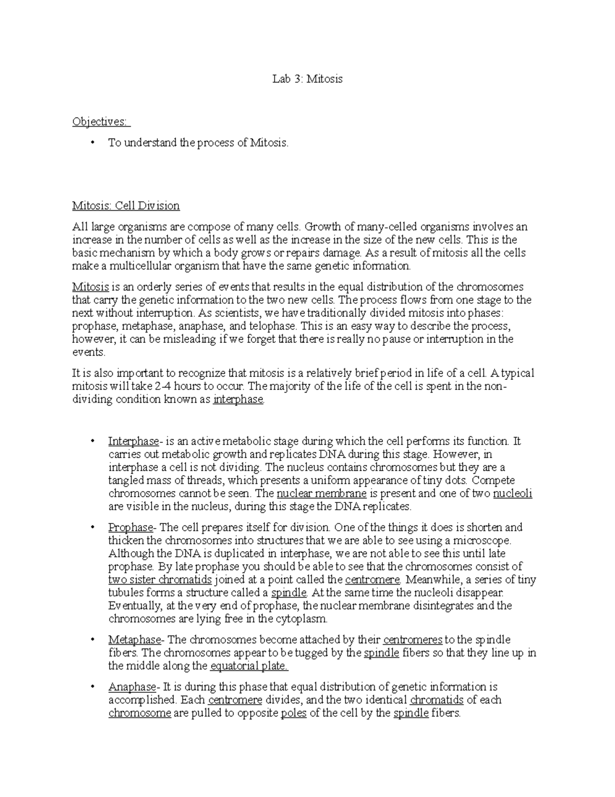 Mitosis Lab Manual - kkkk - Lab 3: Mitosis Objectives: • To understand ...
