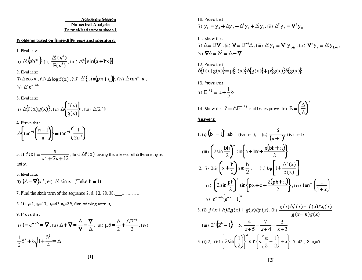 Tutorial-1 M-3 NA 2023-1 - Academic Session Numerical Analysis Tutorial/Assignment sheet ...
