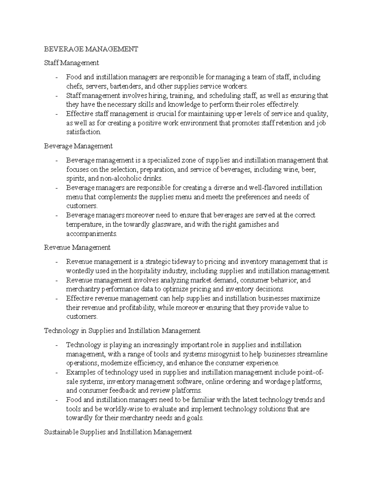 Beverage Management Notes 2 - BEVERAGE MANAGEMENT Staff Management Food ...