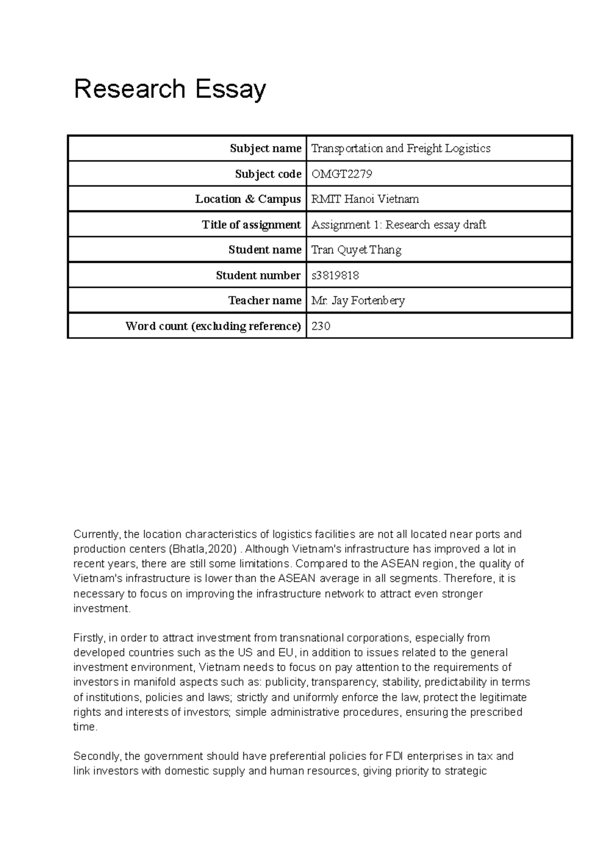 Transportation draft essay s3919818 Tran Quyet Thang - Research Essay ...
