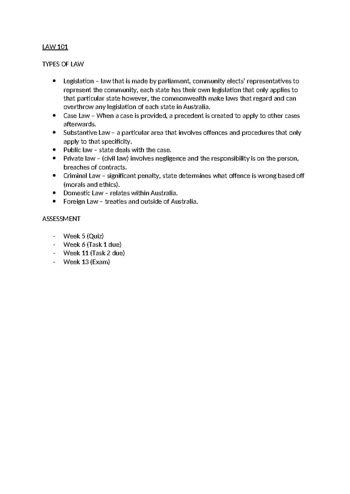 LAW 101 - Lecture 1 - LAW 101 TYPES OF LAW Legislation – law that is ...