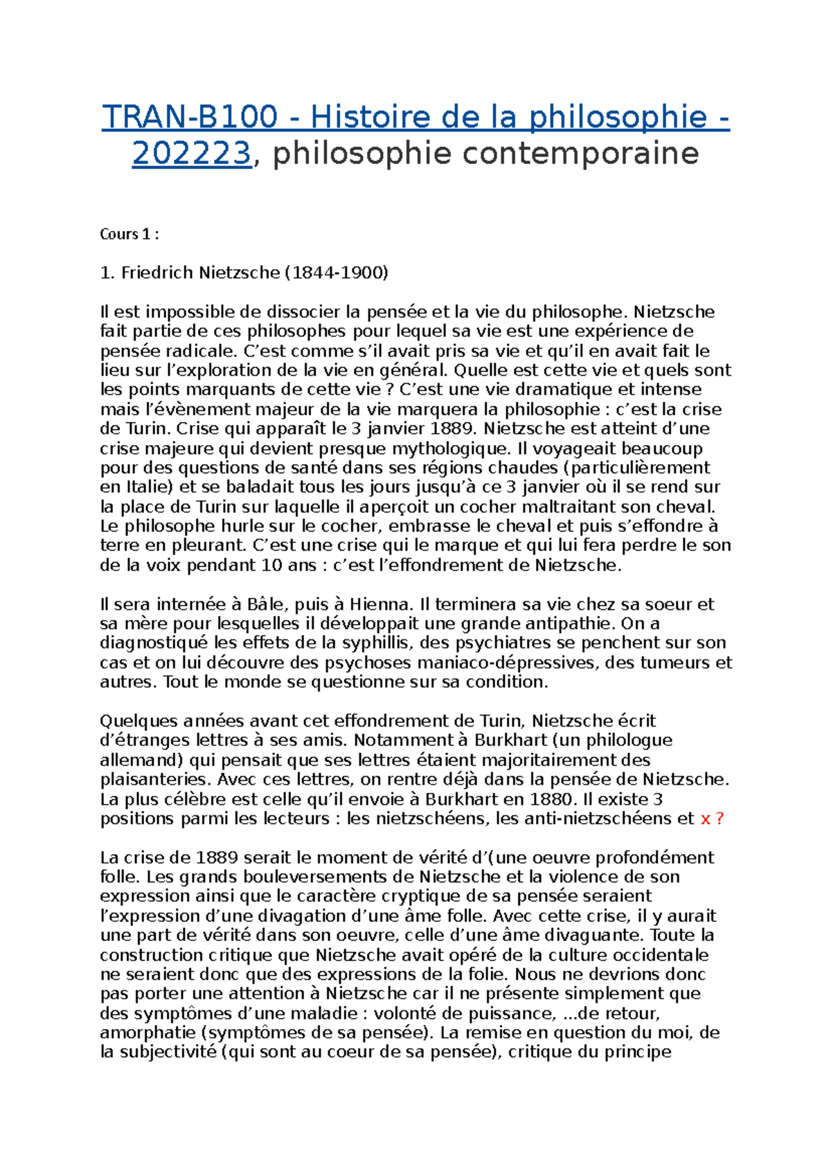 Nietzsche philo 4Ãme partie - Histoire de la philosophie - ULB - Studocu