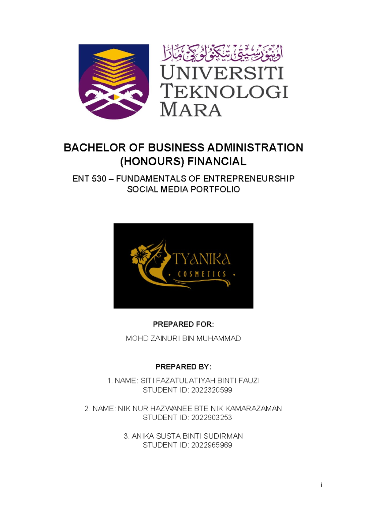 Tyanika Social Media Assignment ENT530 16 jan 2024 - BACHELOR OF ...